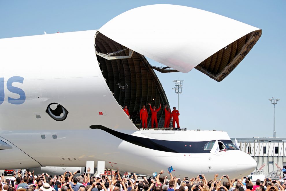 Pilots celebrate after landed an Airbus Beluga XL transport plane ...
